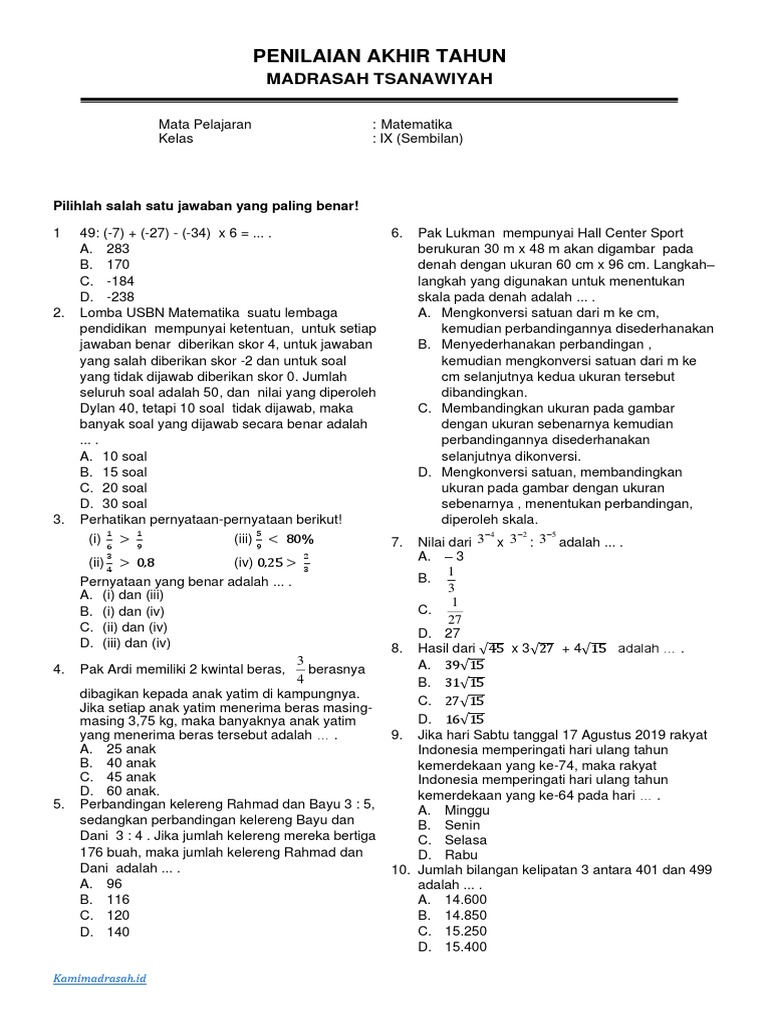 Soal Pat Matematika Kelas 9 - Kamimadrasah | PDF