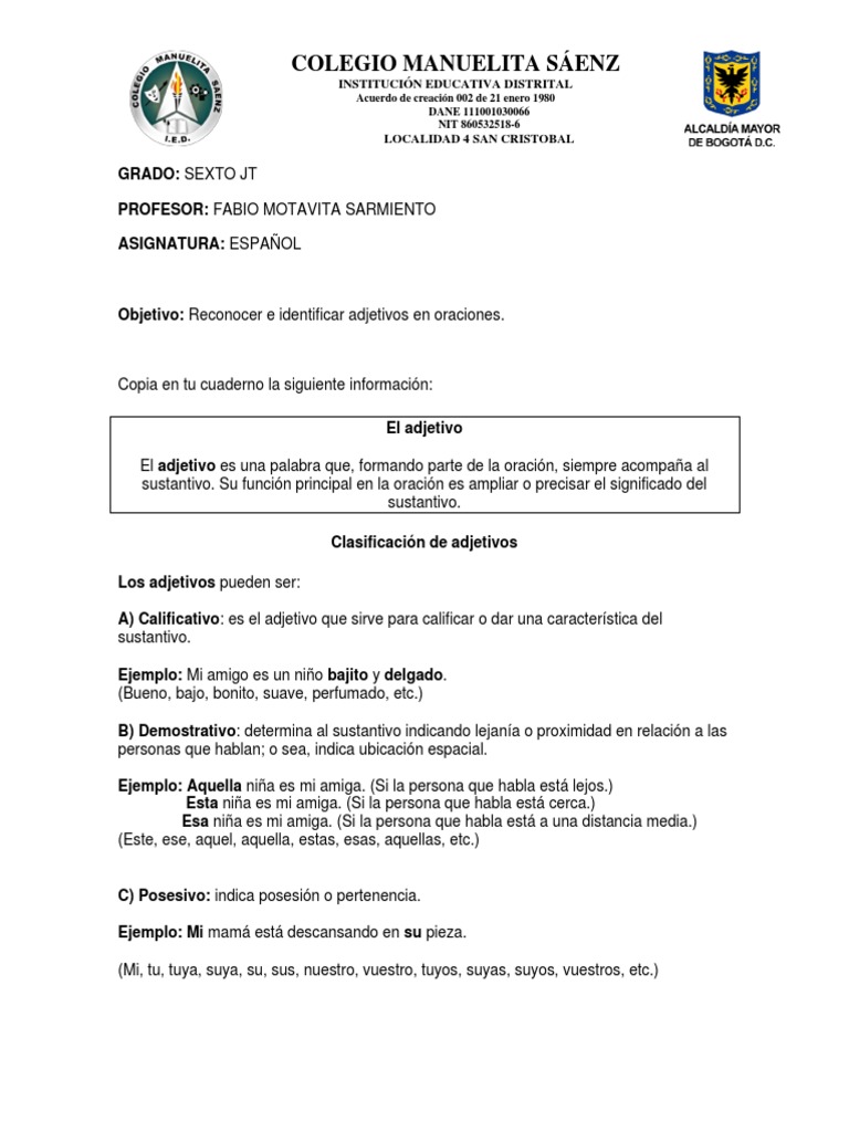 Guía Adjetivos Sexto | PDF | Adjetivo | Lingüística