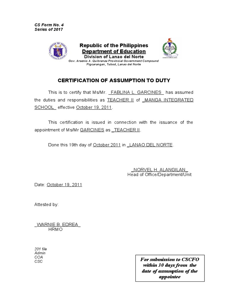 CS-Form-No.-4-Certification-of-Assumption-to-Duty | PDF