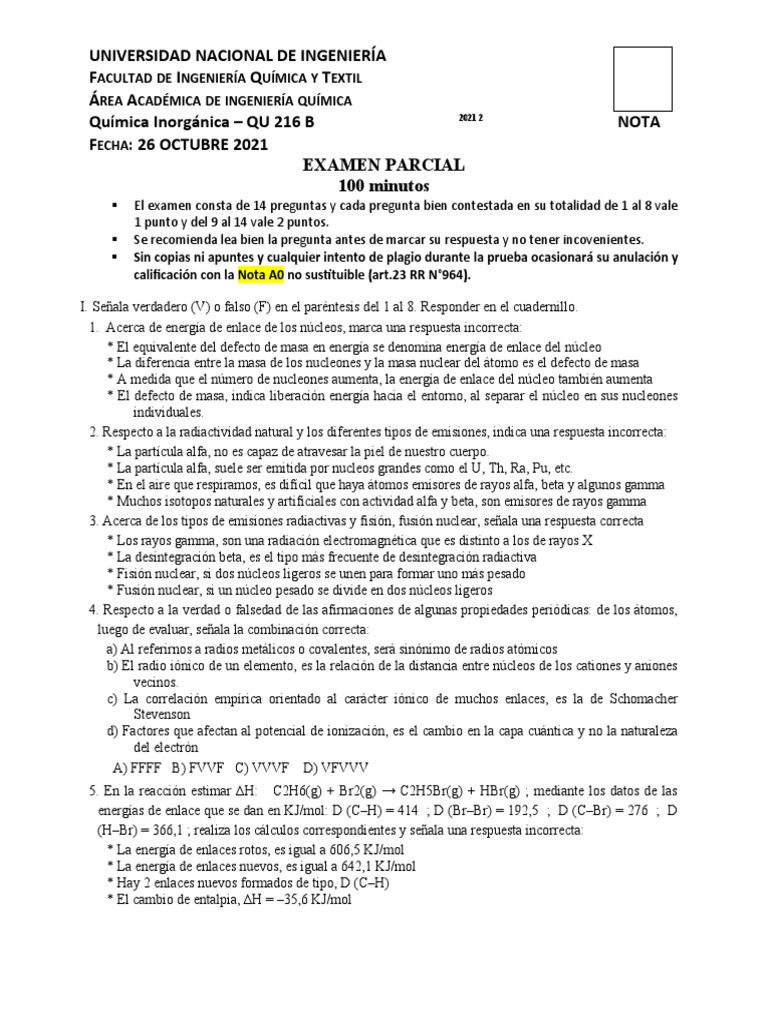 Examen Parcial Qu 216 B 26 Oct 21 Orce1 Pdf Desintegración