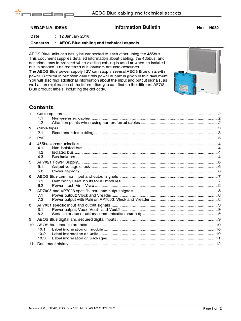 Contents. - AEOS Blue Cabling and Technical Aspects. NEDAP N.V. IDEAS ...