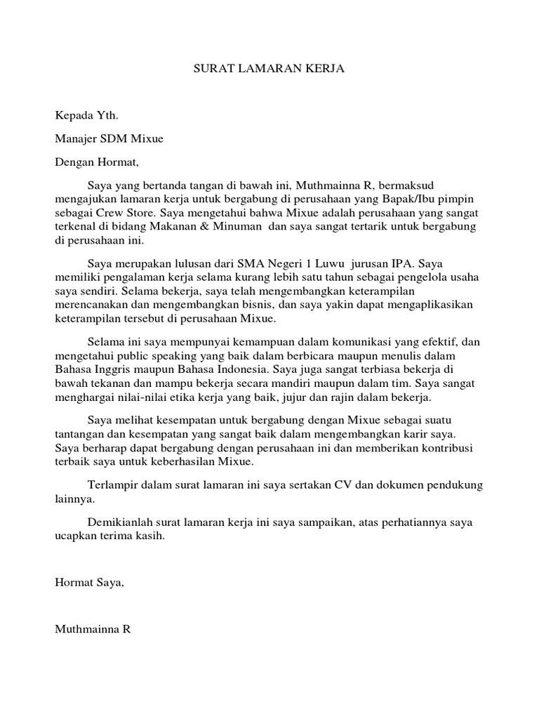 Surat Lamaran Kerja untuk Mixue | PDF
