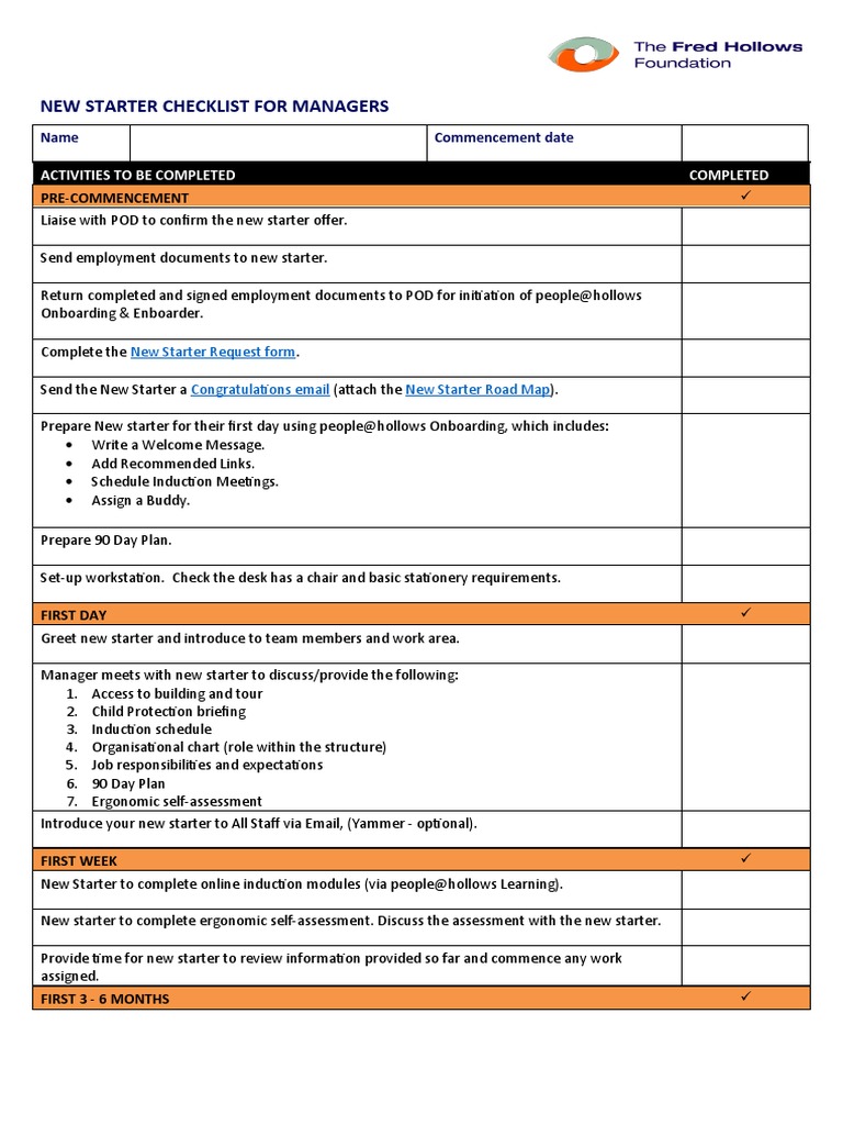 New Starter Checklist For Managers | PDF
