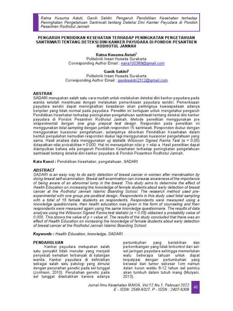 Pengaruh Pendidikan Kesehatan Terhadap Peningkatan Pengetahuan Santriwati Tentang Deteksi Dini ...