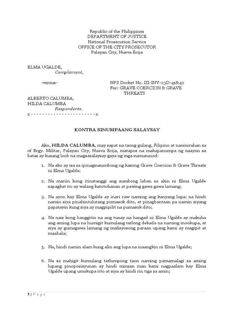 COUNTER AFFIDAVIT - Calumba-Tagalog | PDF