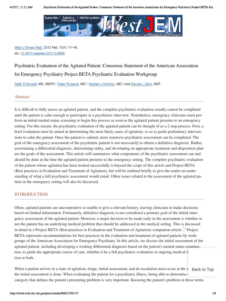 Psychiatric Evaluation of The Agitated Patient - Consensus Statement of ...