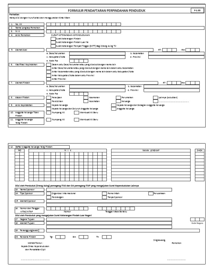 Formulir Pendaftaran Perpindahan Penduduk: Perhatian F-1.03 | PDF