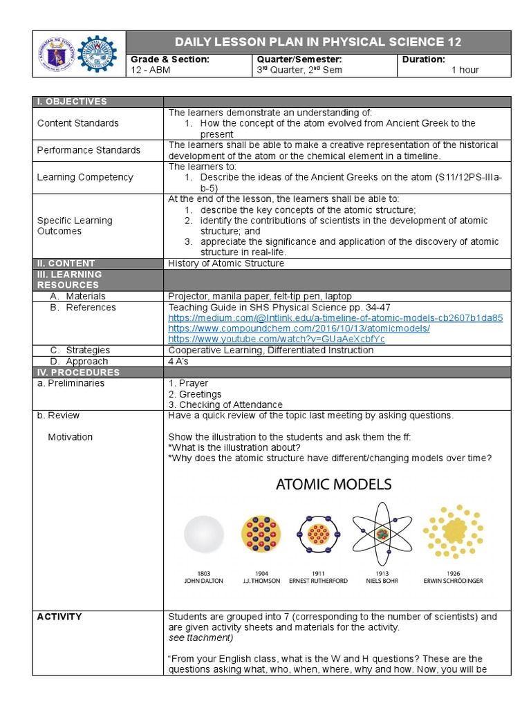 Grade 12 Daily Physical Science Plan | PDF | Atomic Nucleus | Electron