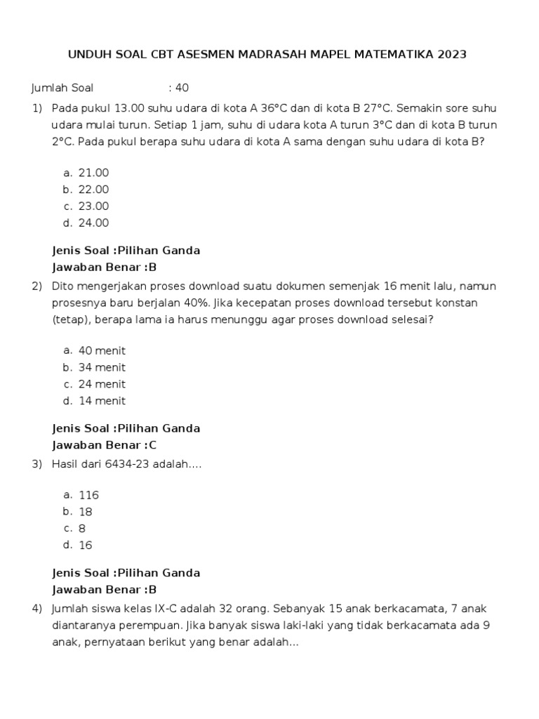 Lembar Soal CBT ASESMEN MADRASAH MAPEL MATEMATIKA 2023 | PDF | Metode & Bahan Ajar