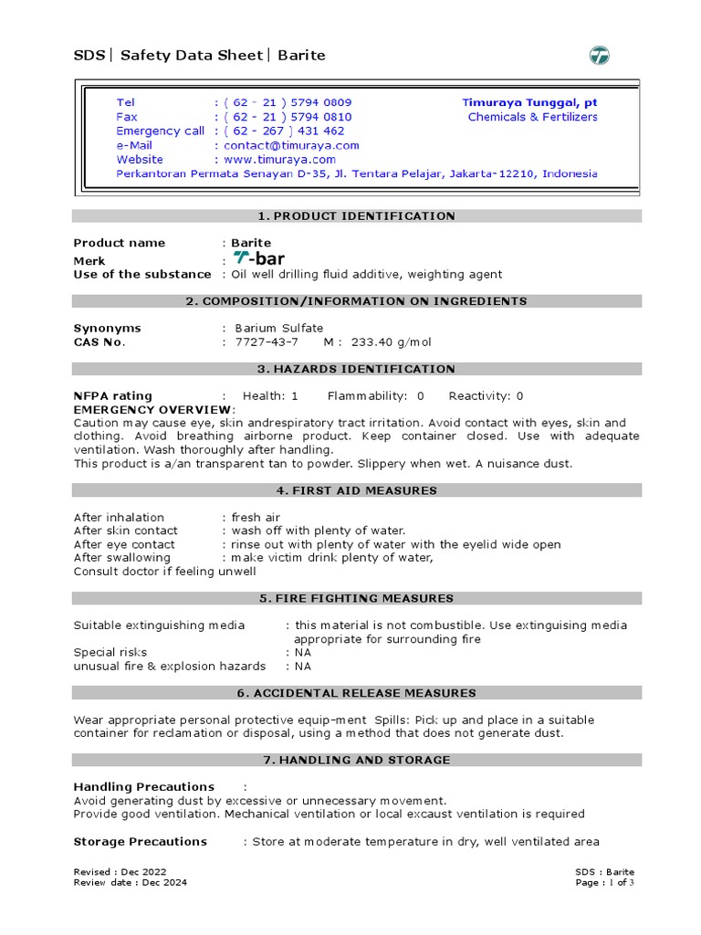 SDS Barite | PDF | Occupational Safety And Health | Chemistry