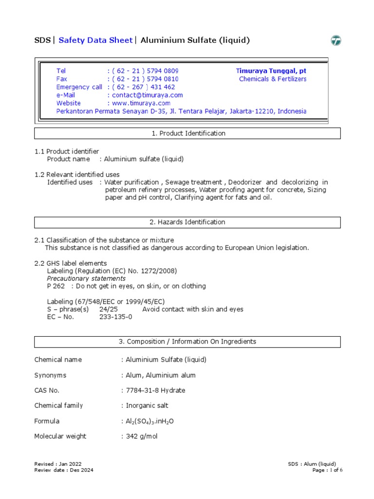 SDS Alum Sulfate (Liq) | PDF | Toxicity | Waste