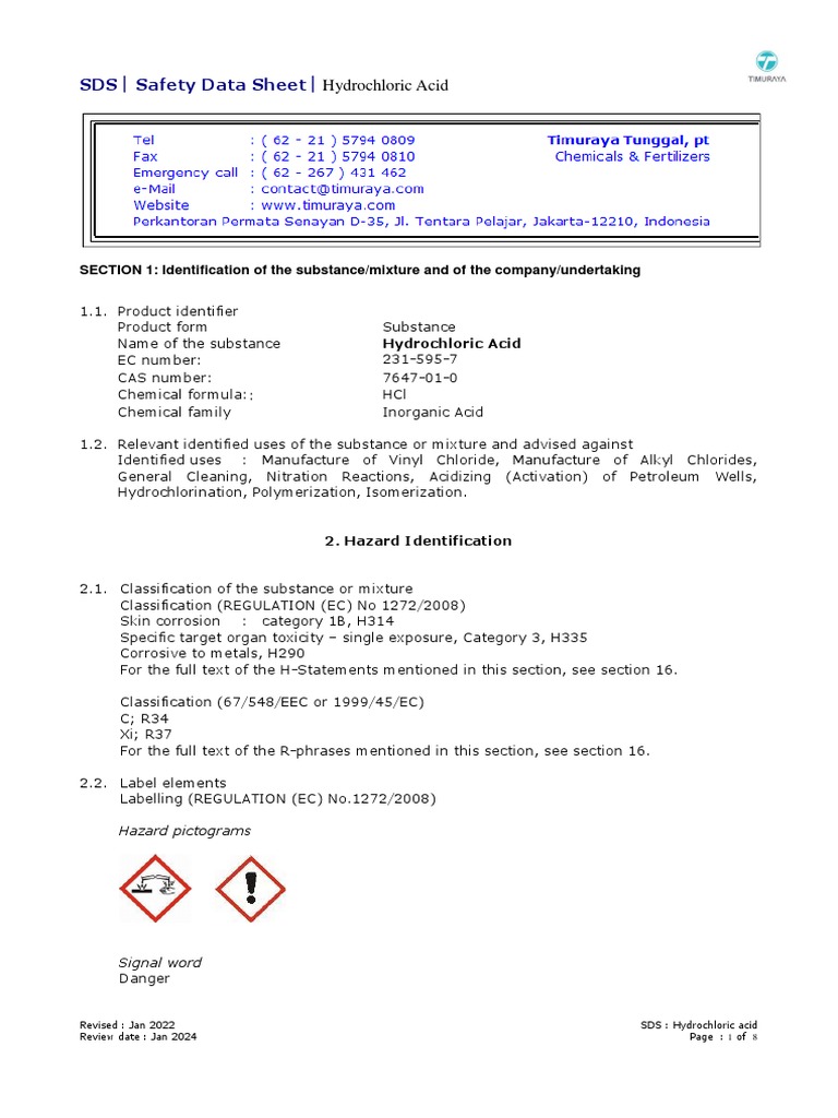 SDS HCL | PDF | Personal Protective Equipment | Toxicity