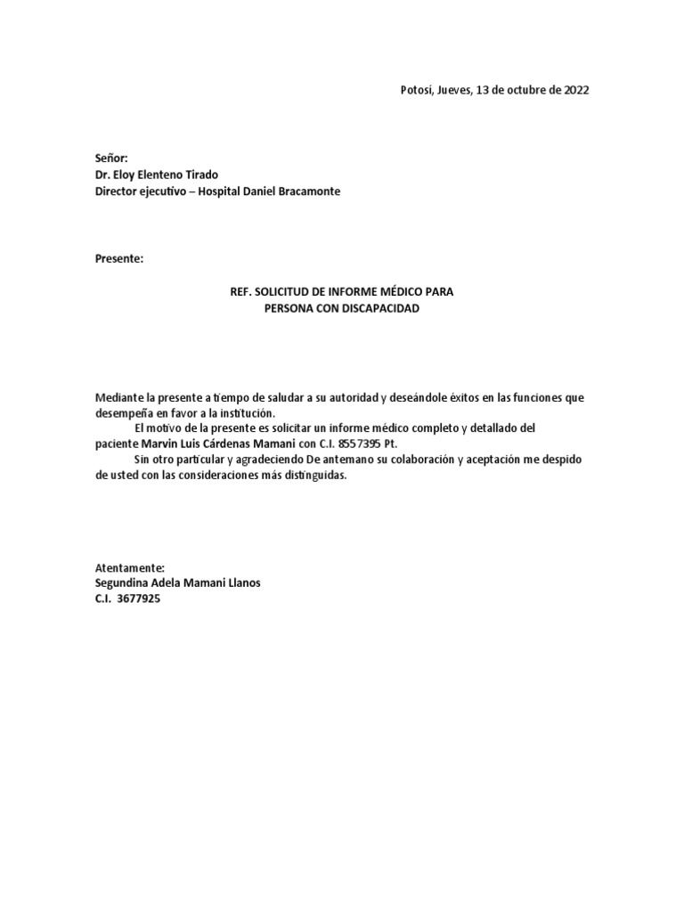 Solicitud Informe Médico Potosí 2022 | PDF