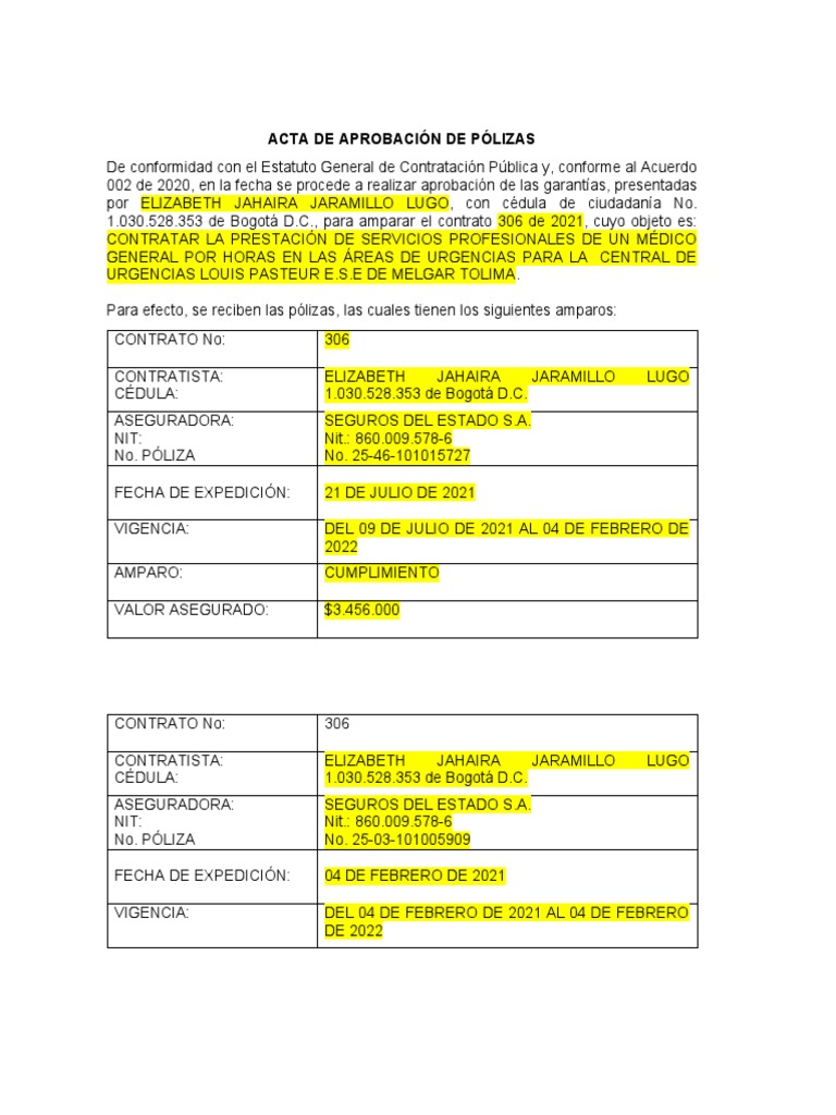 No. 306 Acta de Aprobación de Póliza Modelo | PDF | Finanzas y dinero
