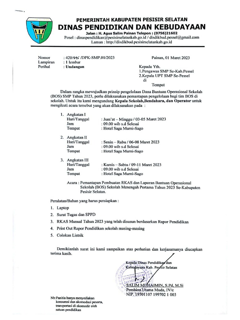 Surat Undangan Bimtek Bos SMP | PDF