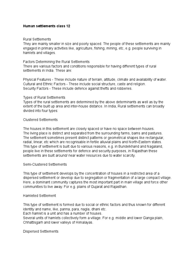 Human Settlements Class 12 | PDF | Village | Urbanization