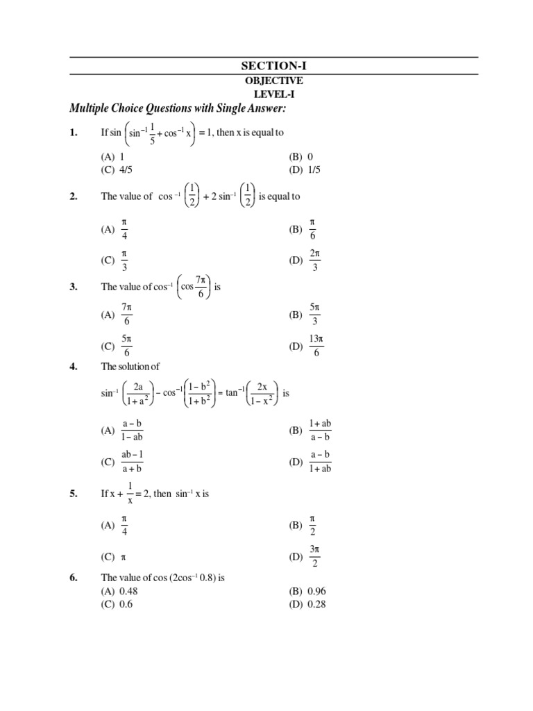 Inverse Trigonometric Function 03 Exercise Pdf Trigonometric