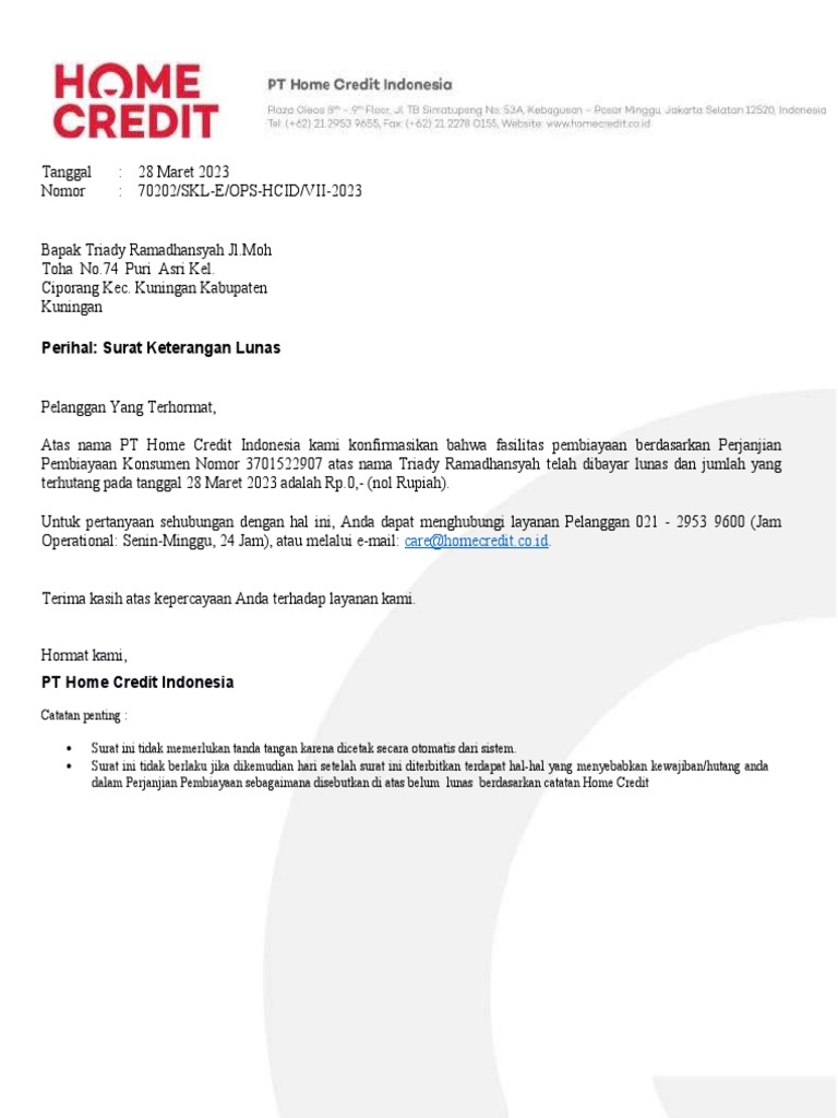 Surat Keterangan Lunas Home Credit | PDF