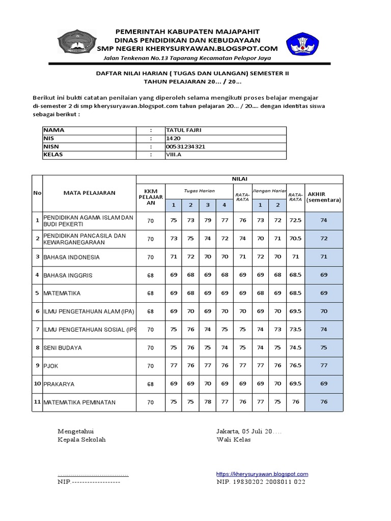 Daftar Nilai Sementara - Siswa Pindah Sekolah Terbaru | PDF