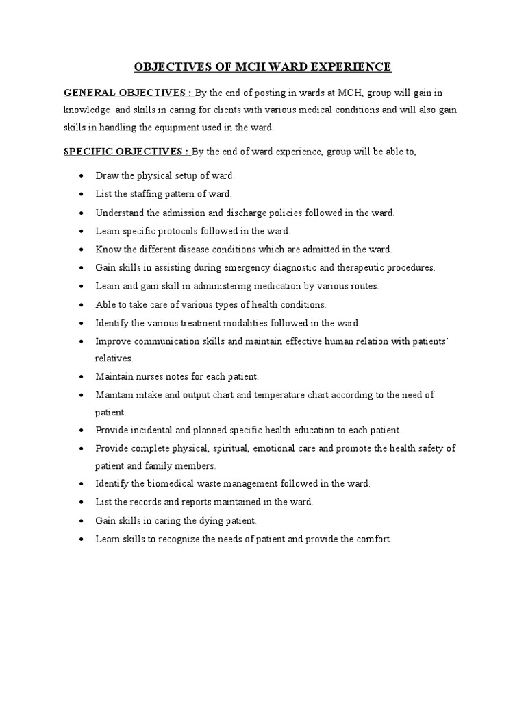 MCH Ward Experience Objectives | PDF | Self-Improvement