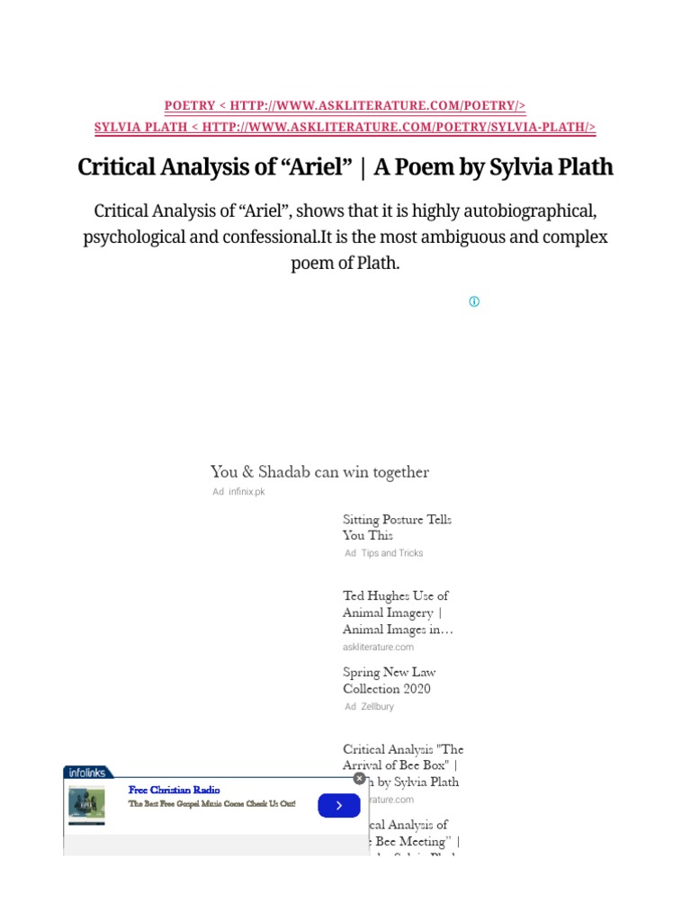 Critical Analysis of "Ariel" - A Poem by Sylvia Plat | PDF | Sylvia Plath