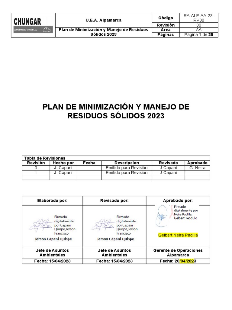 Plan de Minimización y Manejo de Residuos Sólidos 2023 | PDF | Minería | Gestión de residuos