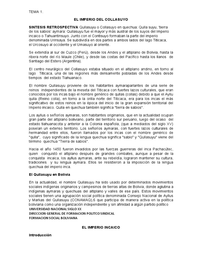 El Imperio Del Collasuyo SINTESIS RETROSPECTIVA Qullasuyu o Collasuyo ...