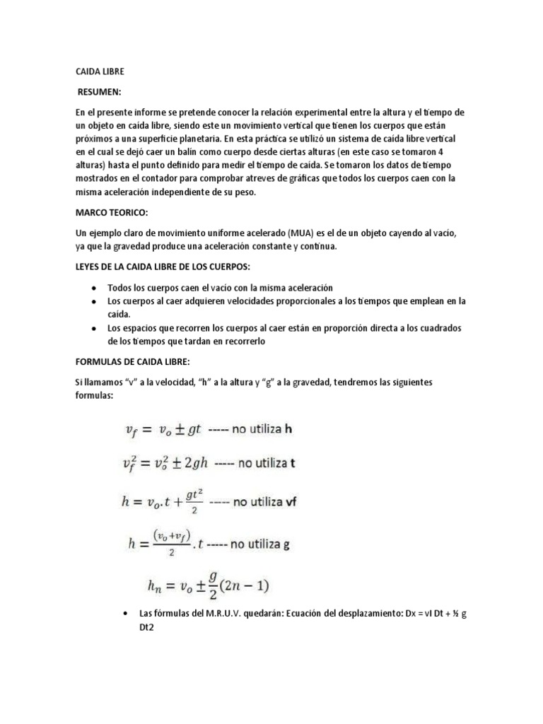 REsUMEN, MARCO TEORICO DE CAIDA LIBRE | PDF