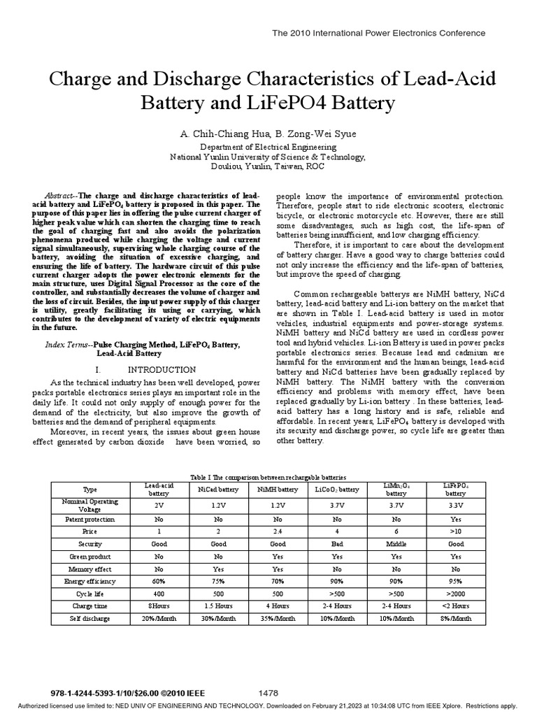 Charge and Discharge Characteristics of Lead-Acid Battery and Life ...