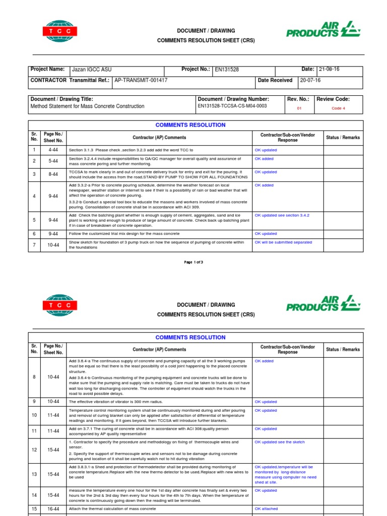 EN131528-TCCSA-CS-M04-0003 (02) - Method Statement For Mass Concrete Construction | PDF ...