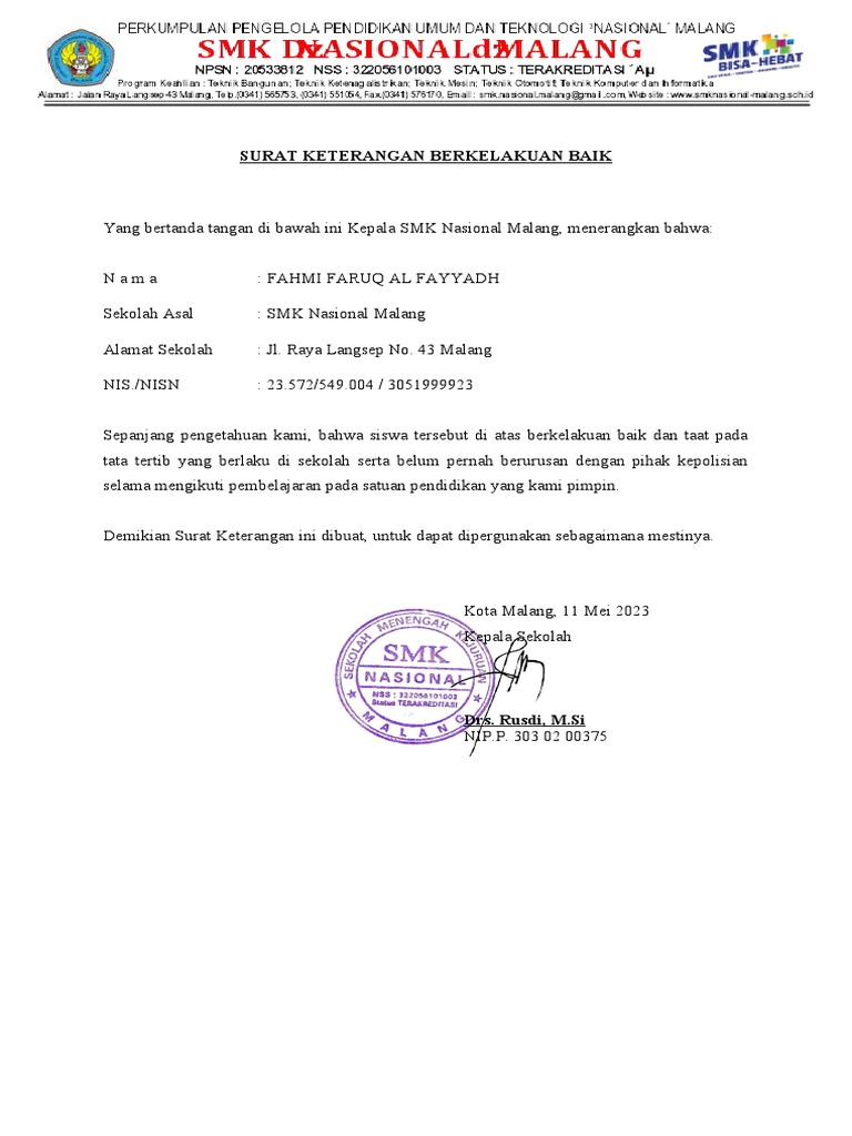 Contoh Surat Keterangan Siswa Berkelakuan Baik | PDF