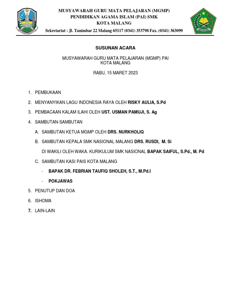 Susunan Acara MGMP Pai | PDF