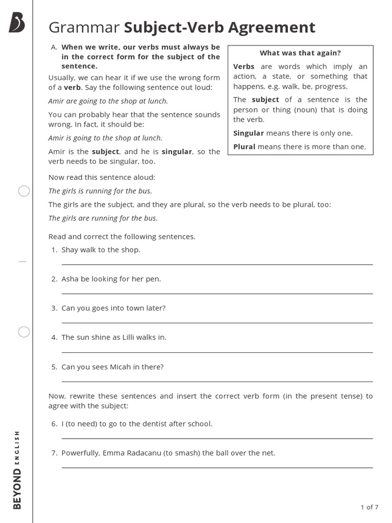 Subject Verb Agreement Worksheet High School Subject Verb Agreement