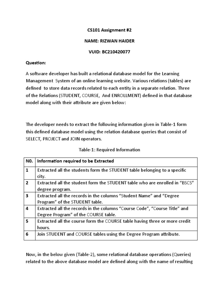 CS101 Assignment # 2 | PDF | Relational Database | Table (Database)