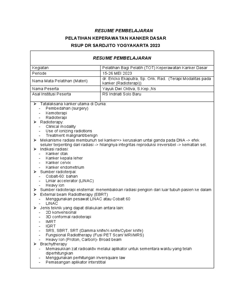 RESUME Terapi Modalitas Pada Kanker (Radioterapi) | PDF