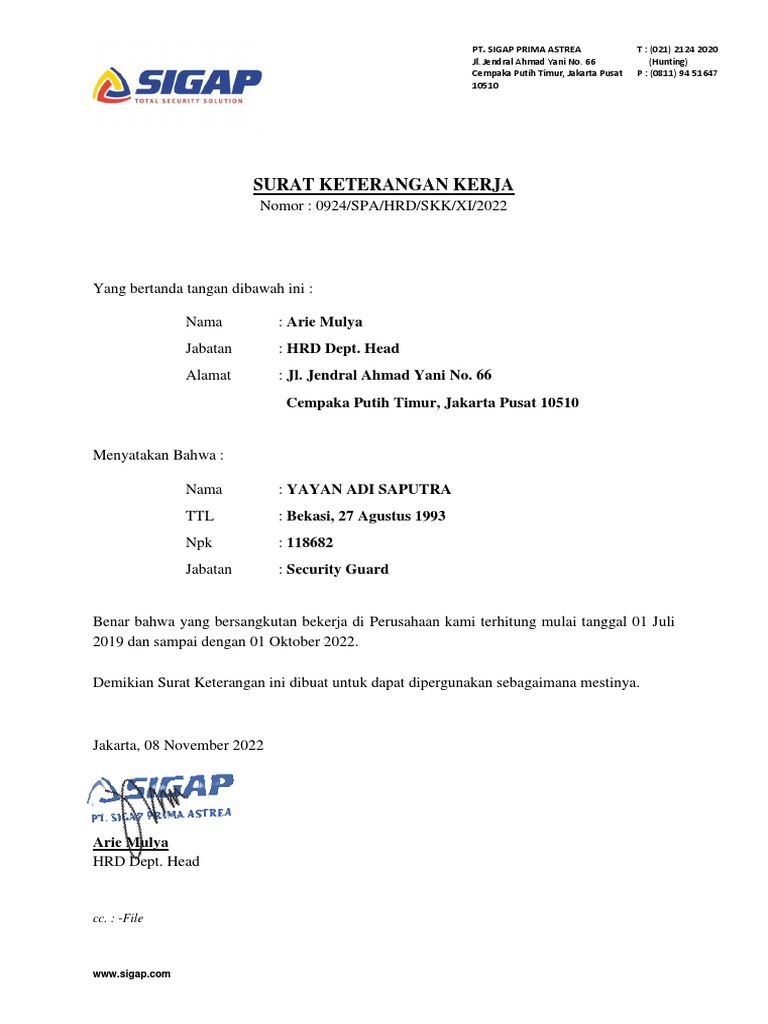 Paklaring Yayan Adi Saputra | PDF