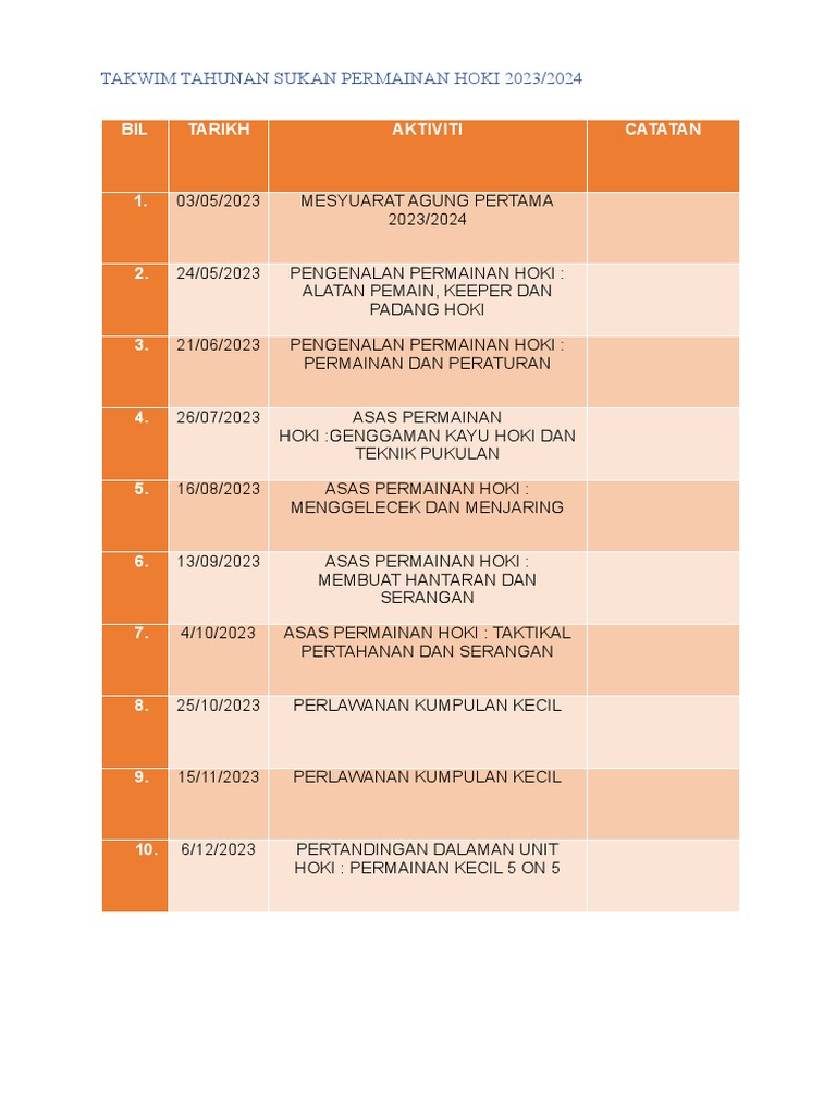 Takwim Sukan Permainan Hoki SKC 2023 | PDF