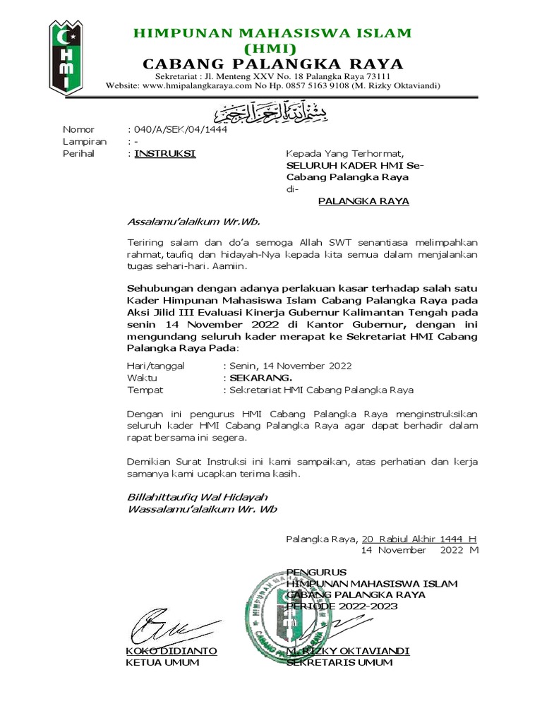 Instruksi Rapat Kader HMI Palangka Raya | PDF