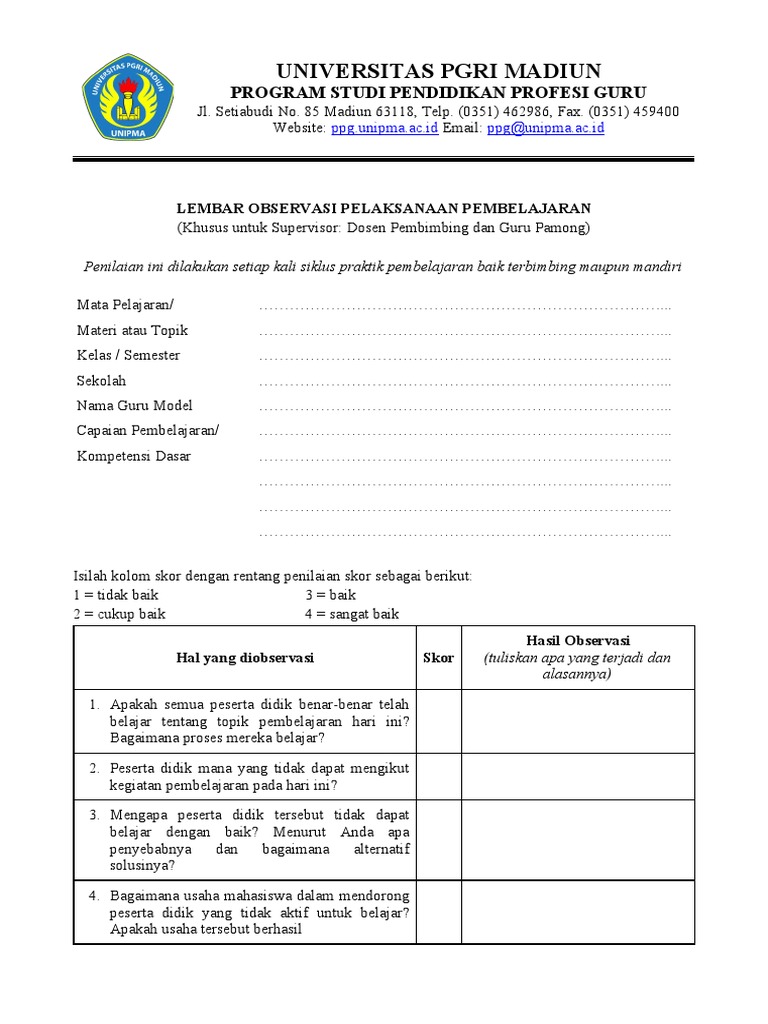 DPL & GP - 01 Format Lembar Observasi Pelaksanaan Pembelajaran | PDF