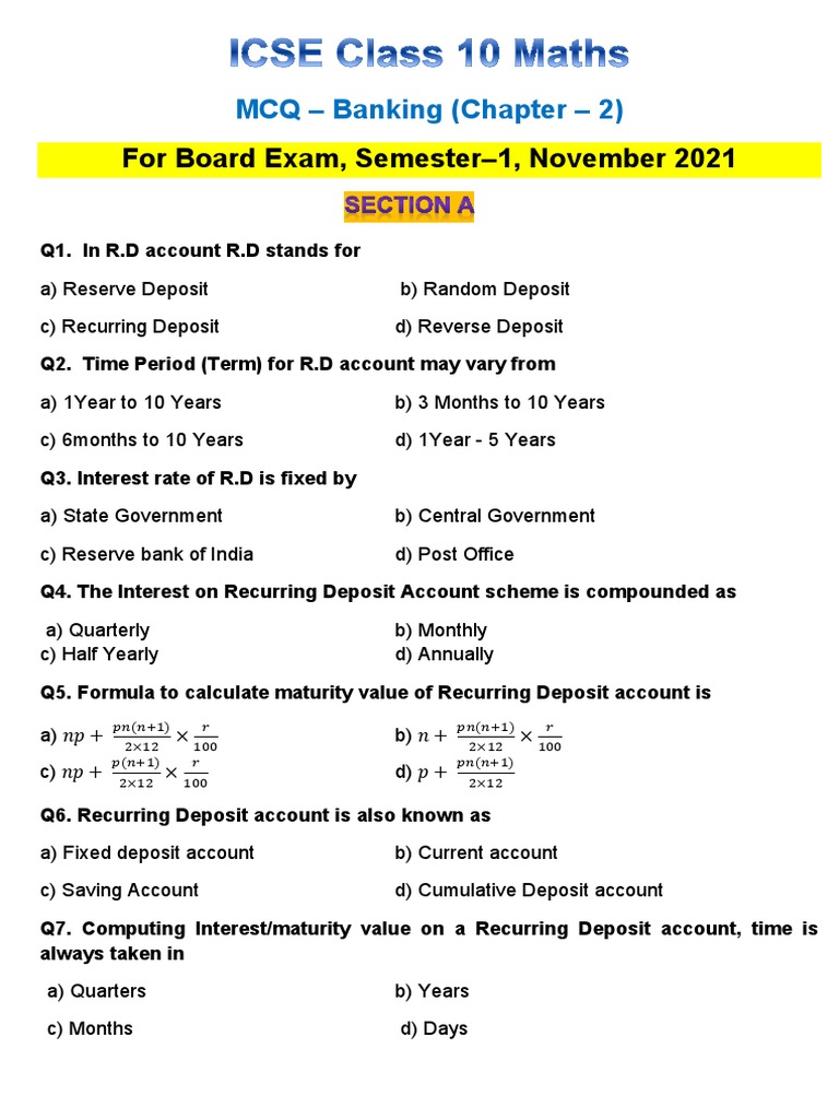 Icse Mathematics MCQ Banking | PDF | Interest | Interest Rates