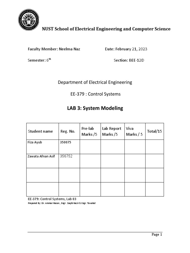 Control Systems Lab 03 Pdf Equations Mathematical Analysis