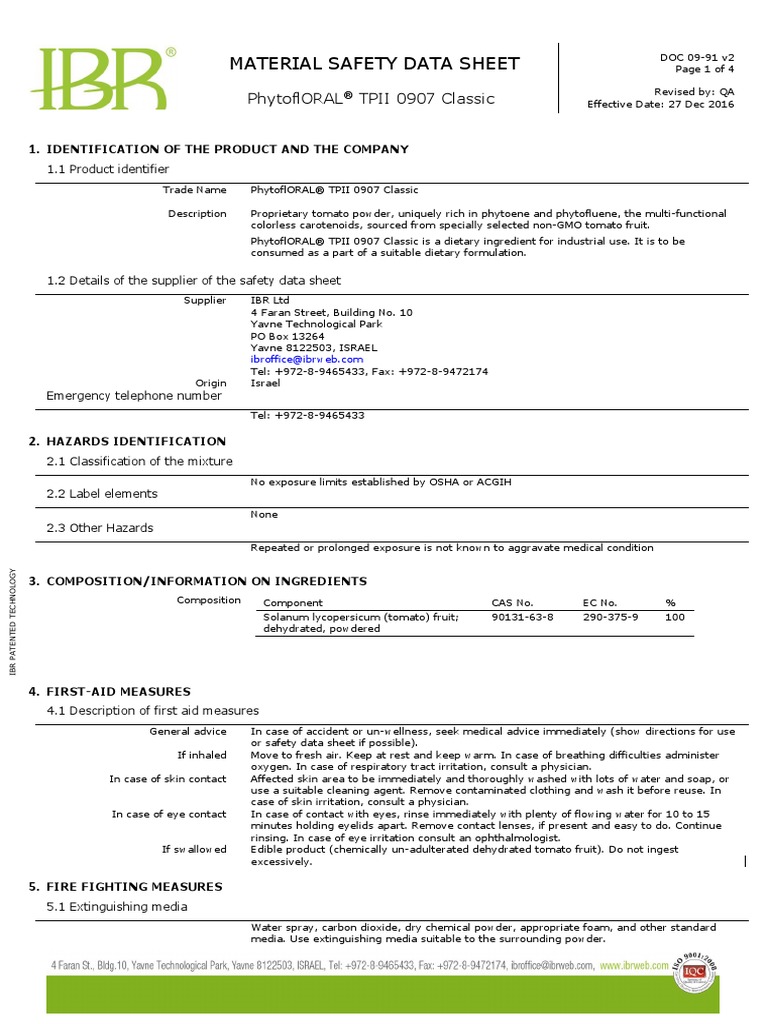 09-91 v2 PhytoflORAL TPII 0907 Classic Material Safety Data Sheet | PDF | Firefighting | Toxicity