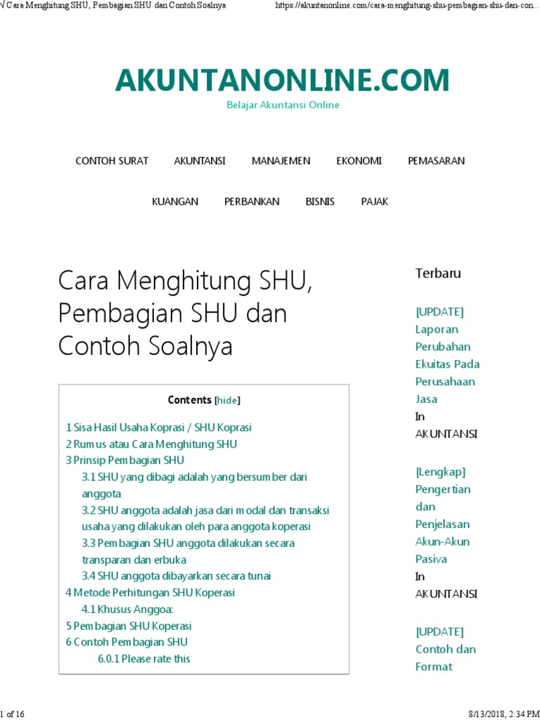 Cara Menghitung SHU, Pembagian SHU Dan Contoh Soalnya | PDF Cara Menghitung SHU, Pembagian SHU Dan Contoh Soalnya | PDF
