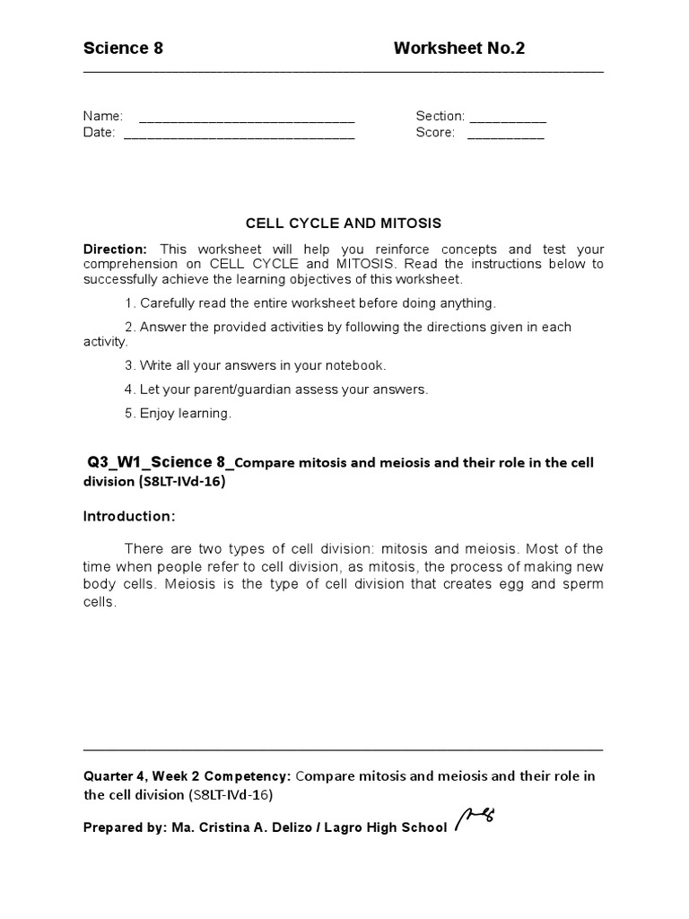 Aizy Dacles - Q4 - W2 - Science-8 - Worksheet-2 | PDF | Mitosis | Meiosis Aizy Dacles - Q4 - W2 - Science-8 - Worksheet-2 | PDF | Mitosis | Meiosis