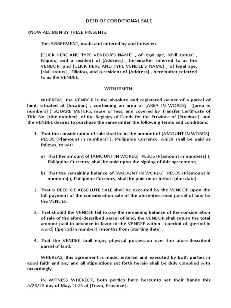 Deed of Conditional Sale | PDF | Private Law | Common Law