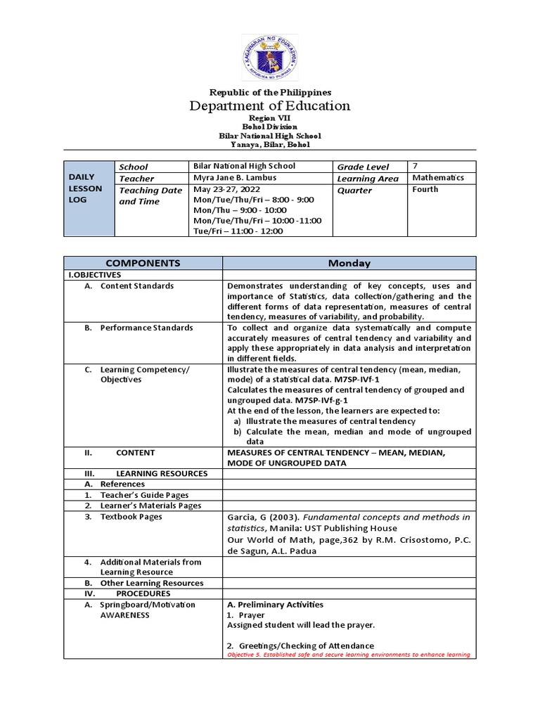Grade 7 Math Lesson: Central Tendency | PDF | Mode (Statistics) | Mean