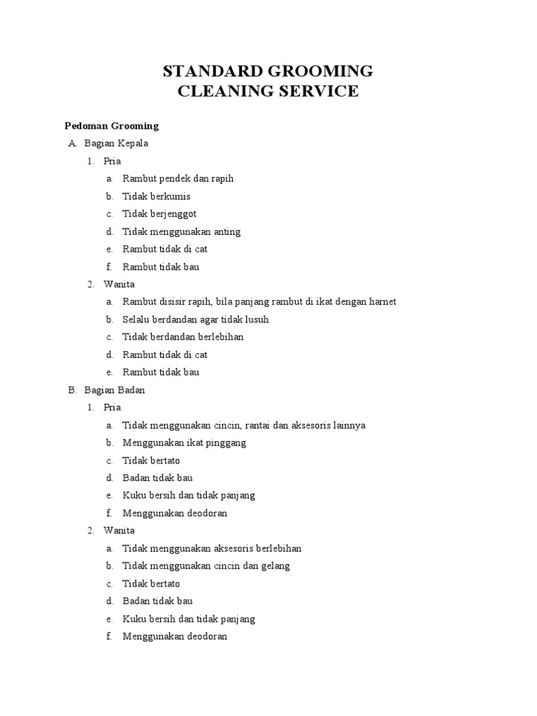 Pedoman Standar Grooming Cleaning Service | PDF