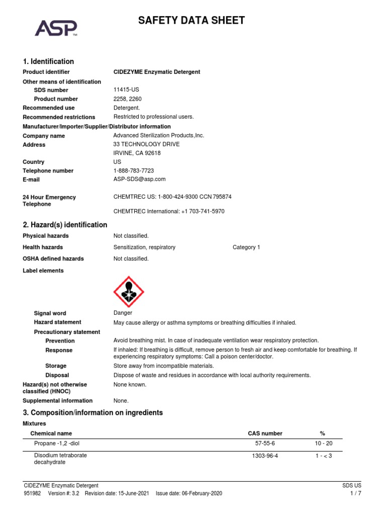 SDS US English - CIDEZYME Enzymatic Detergent - 2 | PDF | Dangerous ...