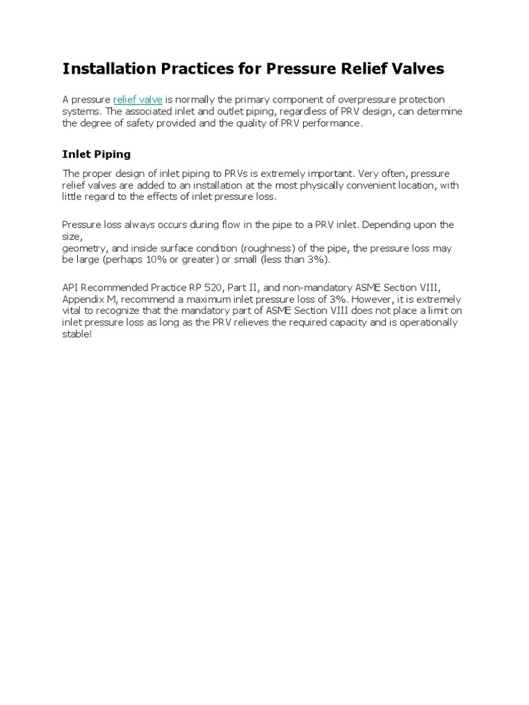 Installation Practices For Pressure Relief Valves | PDF | Pipe (Fluid ...