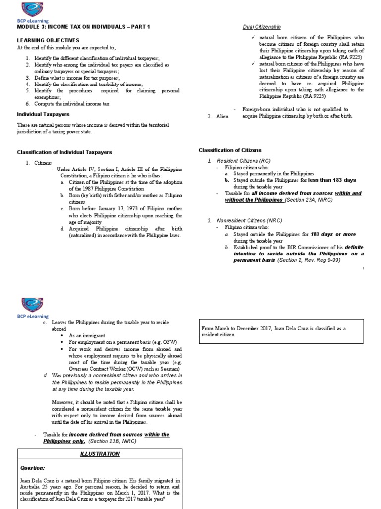 Module 3: Income Tax On Individuals - Part 1 Learning Objectives | PDF ...